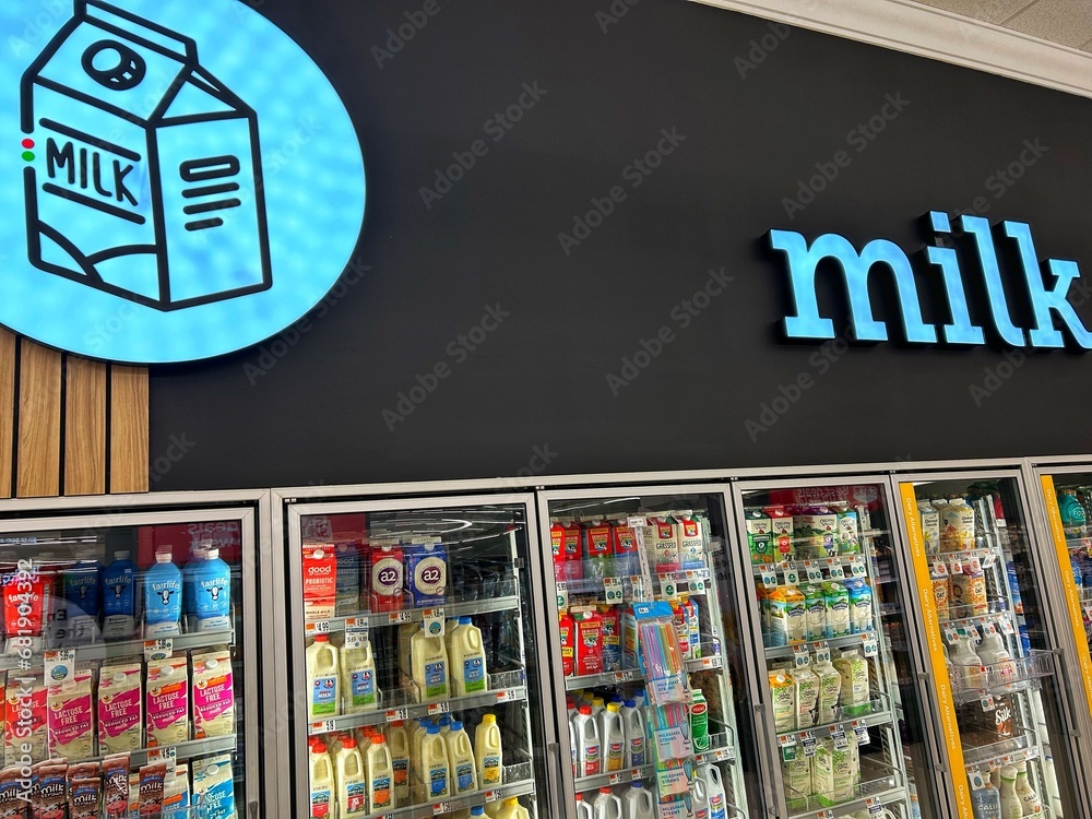 Refrigerated Fresh Dairy Milk Shelf Case Isle Section in a Grocery ...