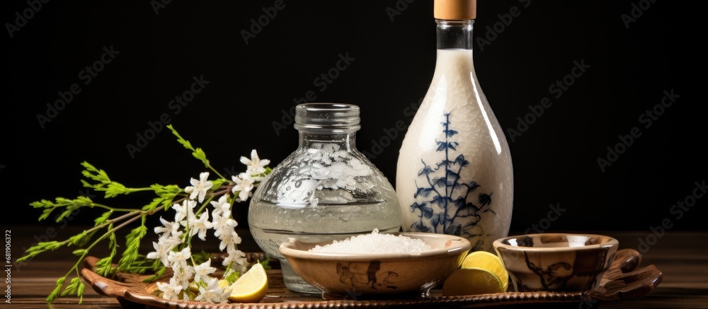 In Japan, a small ceramic bottle filled with traditional Japanese rice ...