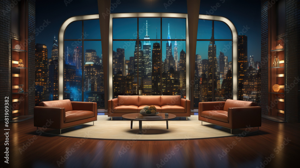 Empty talk show set with cityscape background and couches.Concept of ...