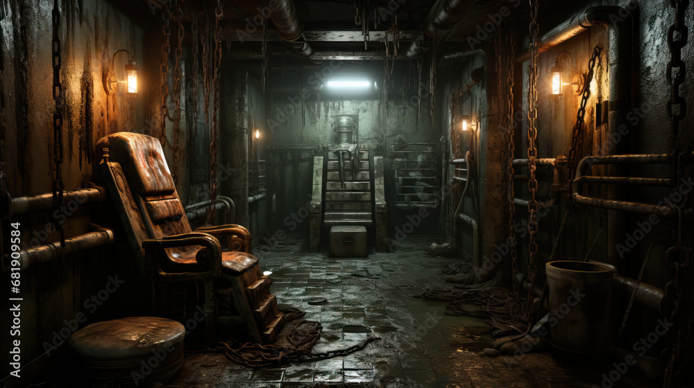 Creepy leather chair in dark basement setting empty backdrop. Concept ...