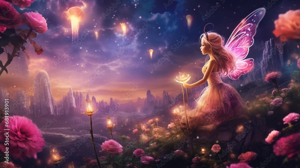 Fantasy Magical Enchanted Fairy Tale Dreamy Elf Forest with Fabulous Fairytale Blooming pink ...