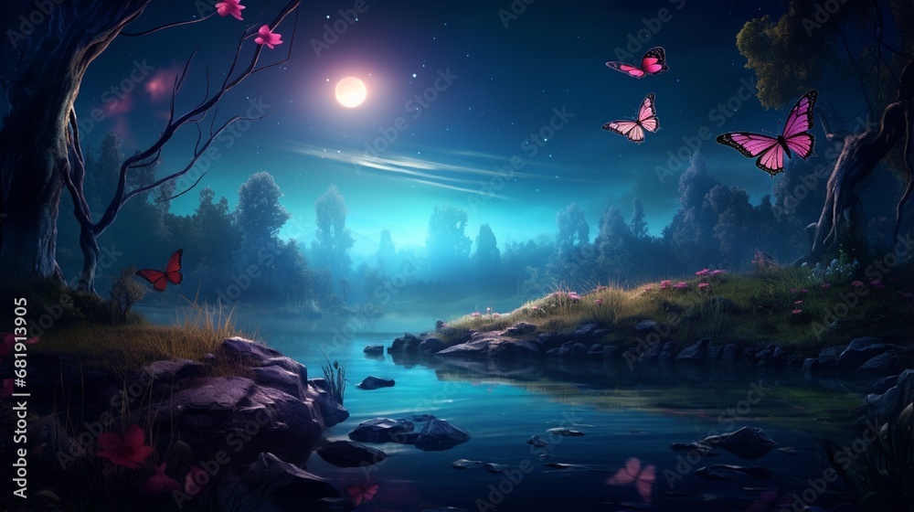 Fantasy magical enchanted fairy tale landscape with forest lake, fabulous fairytale blooming ...