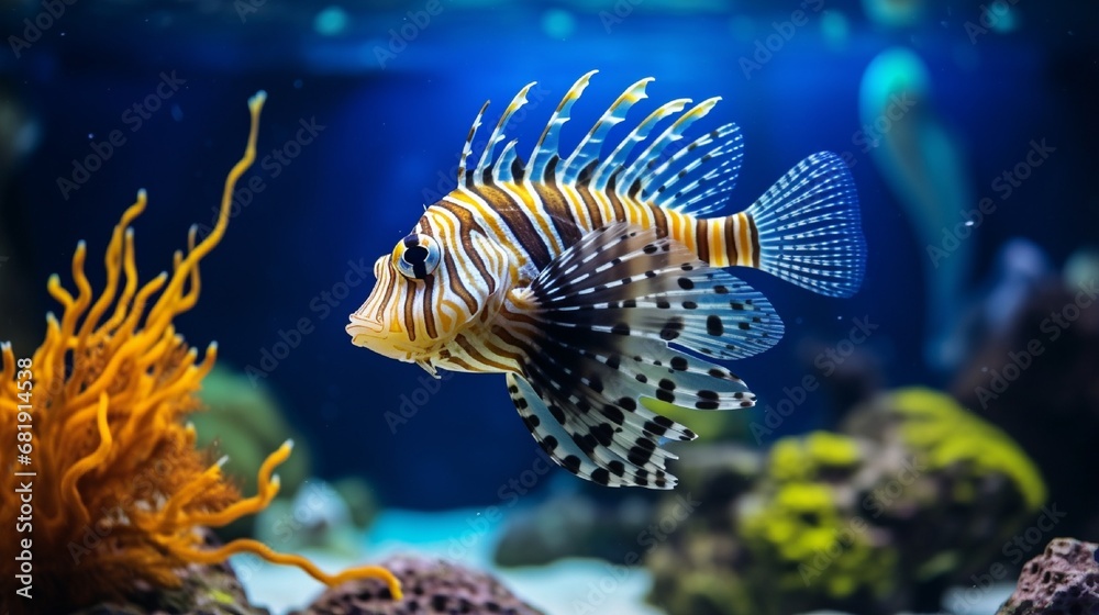 Fish of the spiny family Acanthuridae swimming in the aquarium This is ...
