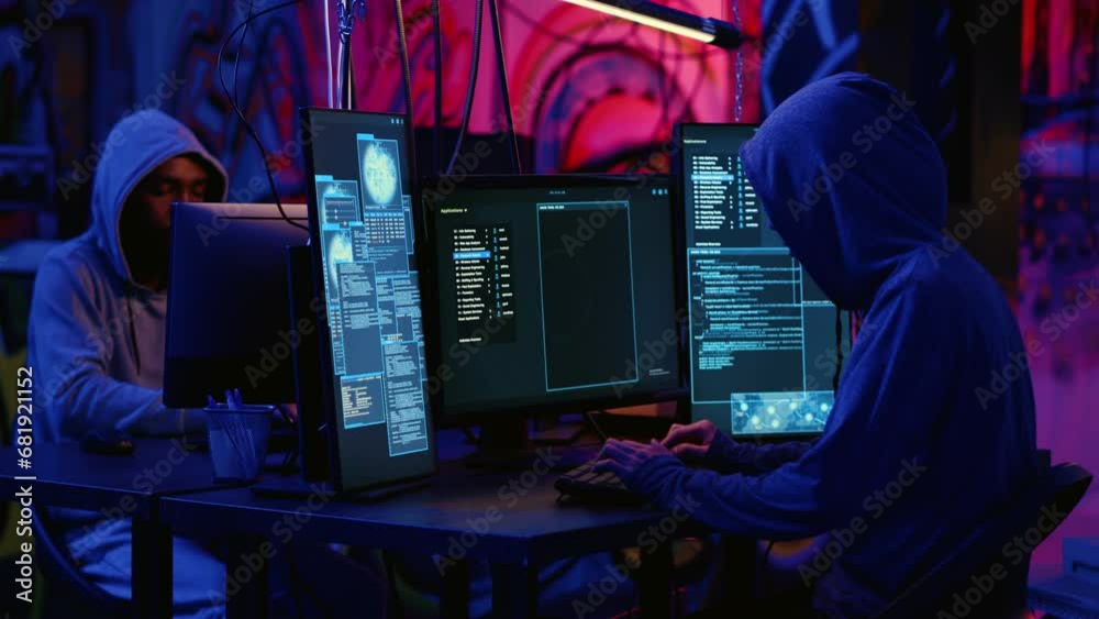 African american hacker and asian colleague working together in hidden ...