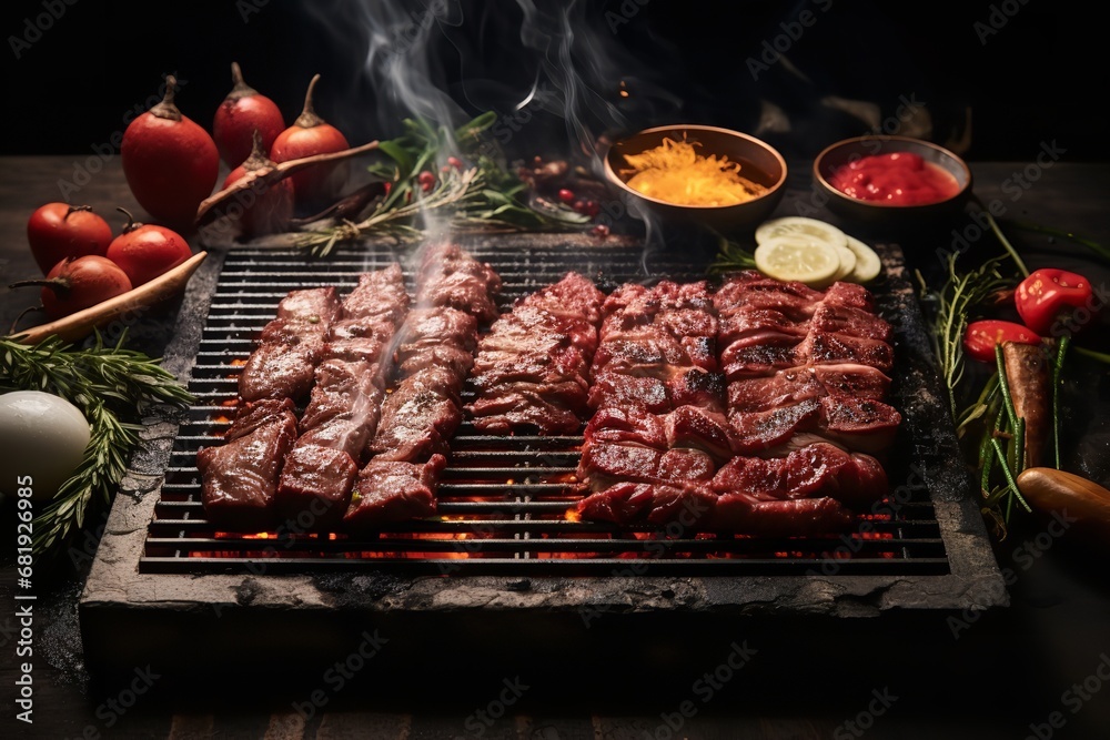 Sizzling plate of grilled beef with crispy skin and juicy meat, served ...