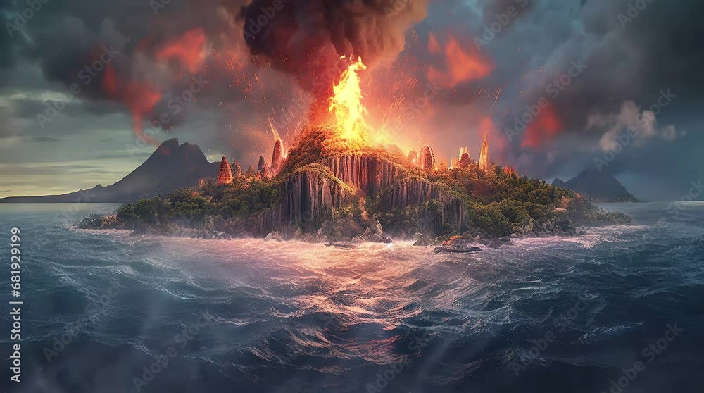 A Dynamic Illustration of an Active Volcano on an Island. Loop ...