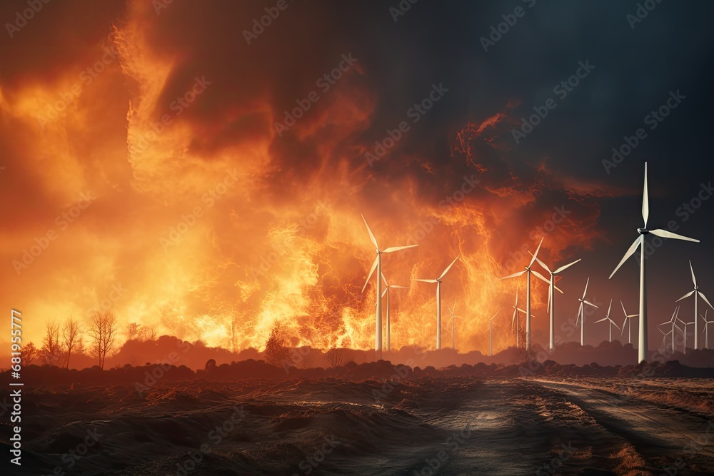 Wind turbines burning in the desert. 3D render. Global warming concept ...