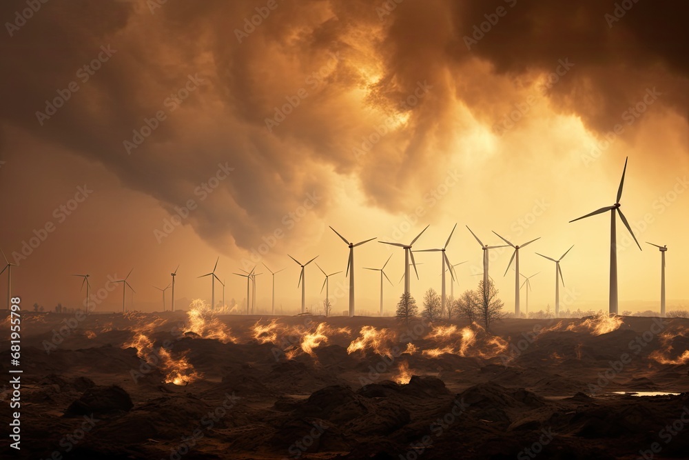 Wind turbines burning in the desert, global warming, climate change ...