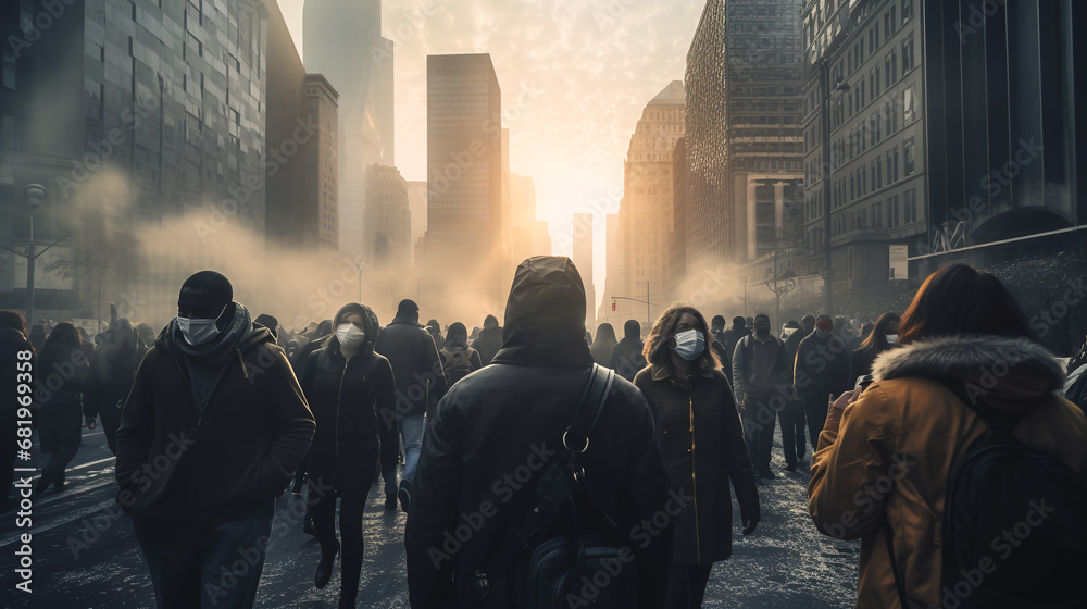 city in smog, people wearing protective mask, smog and air pollution ...