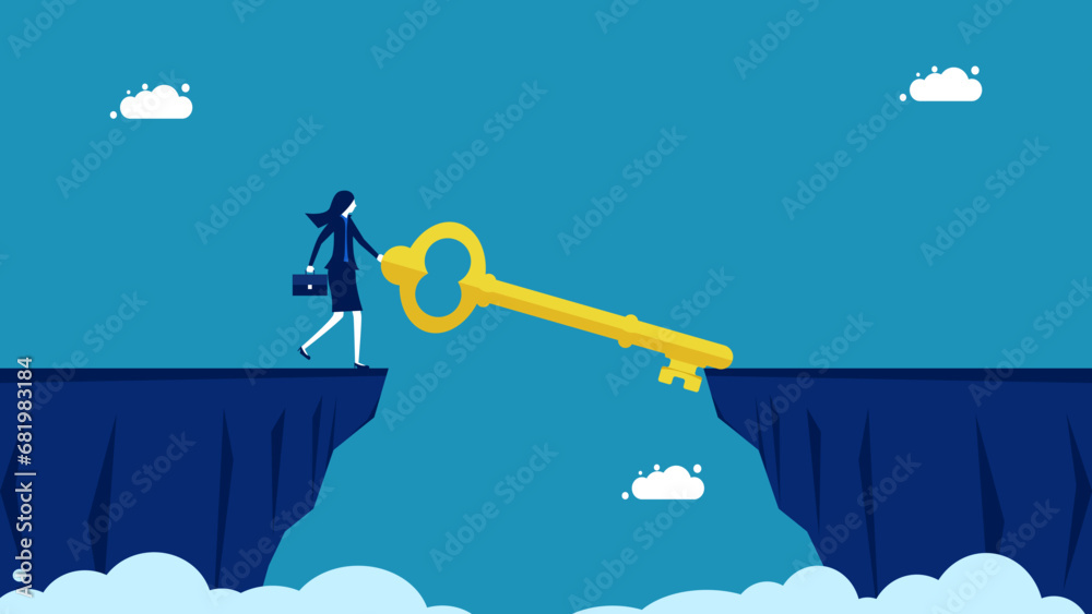 How to solve the problem yourself. Businesswoman using keys as a bridge ...