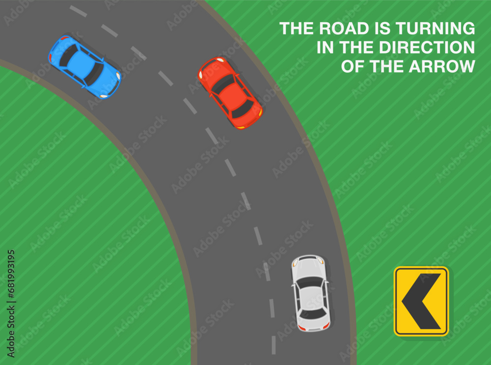 Safe driving tips and traffic regulation rules. The road is turning in ...