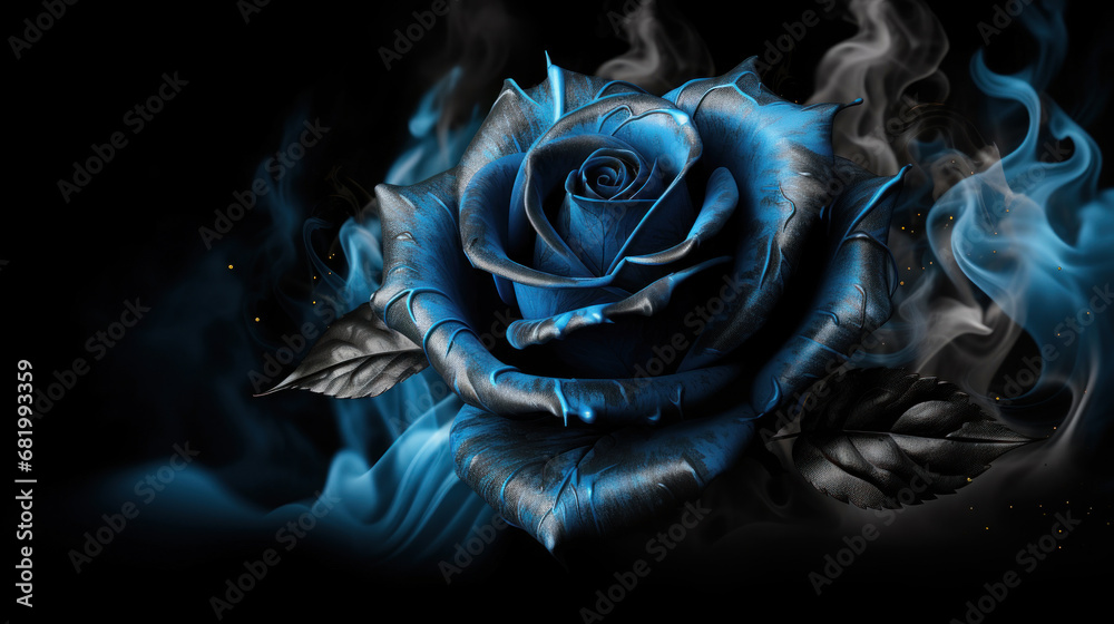 Neon blue rose wrapped in blue smoke swirl on dark background Stock ...