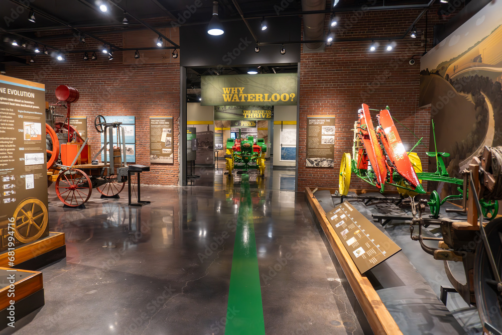 John Deere Tractor and Engine Museum in Waterloo, Iowa. Long green line ...