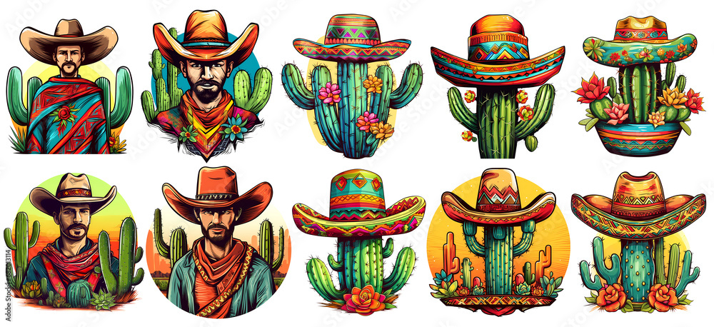 set of mexican Cactus Sticker, Clipart on isolated, transparent ...