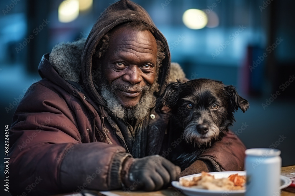 Portrait of old African American homeless man sitting on street and ...
