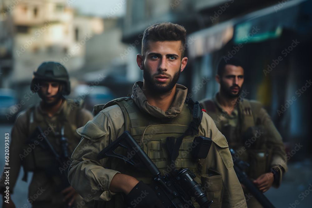 Israeli soldier in uniform with rifle patrolling streets of with squad ...