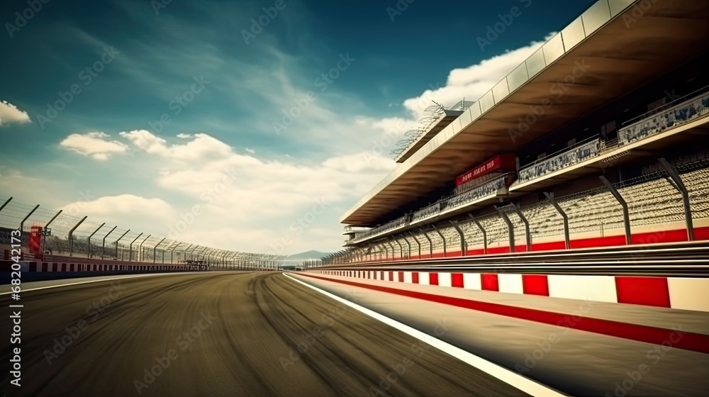 F1 race track circuit road with motion blur and grandstand stadium for ...