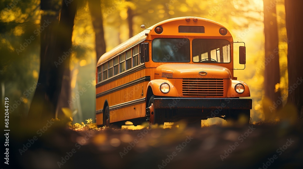 nostalgic allure of a medium shot school bus in a vibrant, cinematic ...