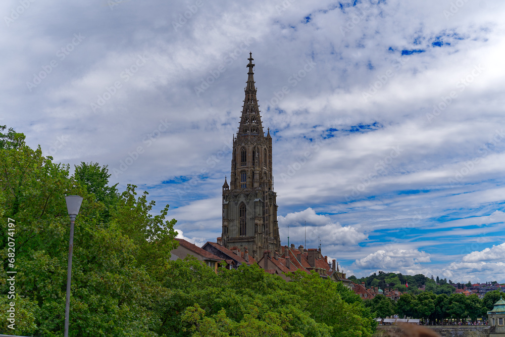 cenic view of church tower of Minster Church at the old town of Swiss ...