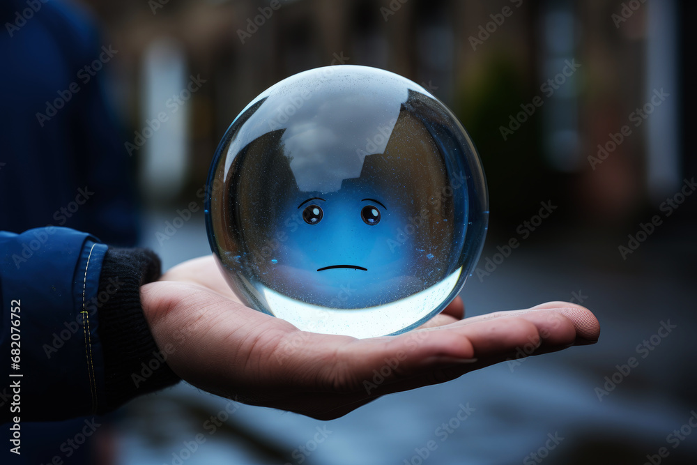 Blue cup is sad face bubble on office background. Blue Monday concept ...