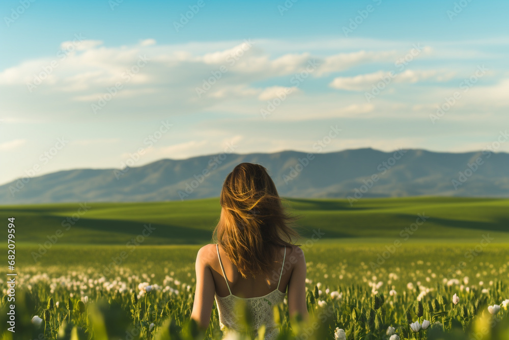 human with open landscape of a meadow field captures beauty of a vast ...