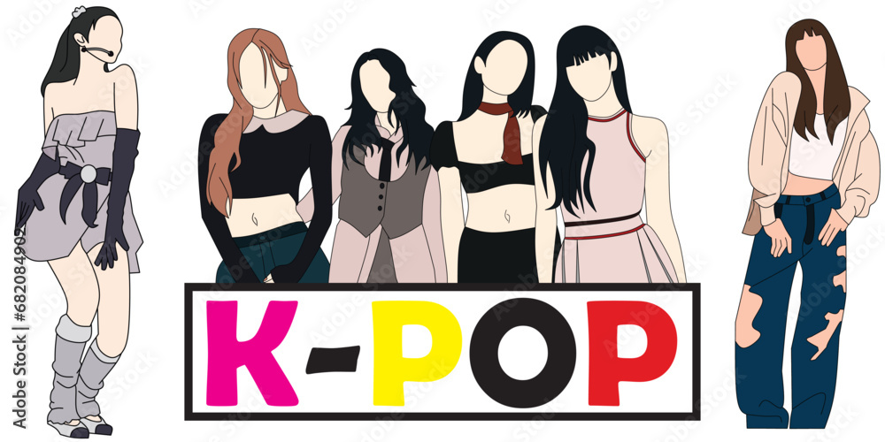 collection of Kpop fashion stage vector illustrations. Korean idol ...