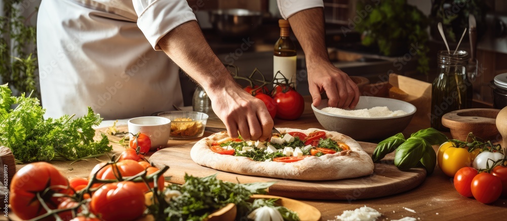 In the kitchen of their cozy home, the chef carefully arranges a pizza ...