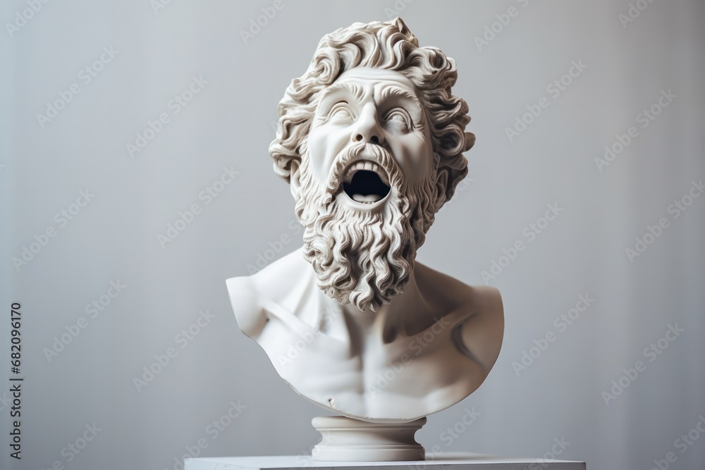 Stoicism mature man head statue with funny screaming emotion. Bright ...