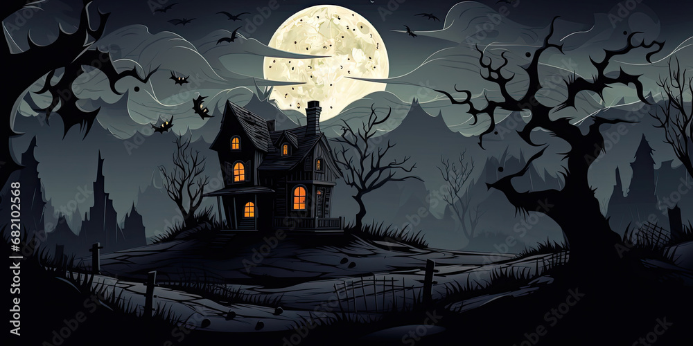Cartoon style haunted house ghost mansion spooky scary illustration halloween style, generated ...
