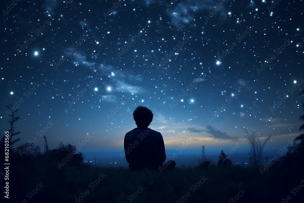 human with celestial scene presents serene and beautiful view of night ...