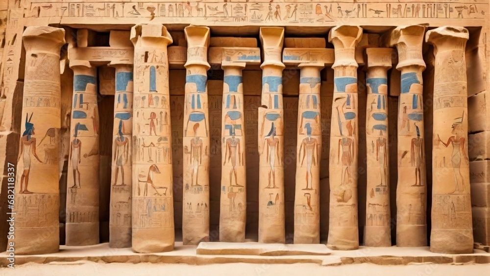 Colourful columns of Ancient Egypt Temple with engraved art and ...