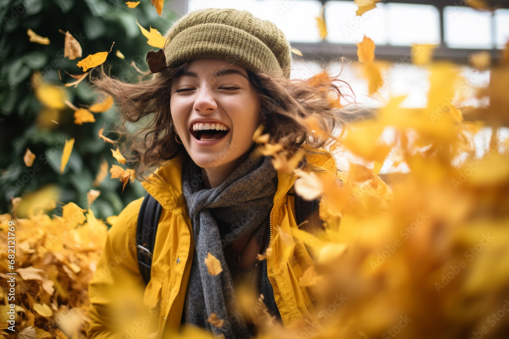 human with leaves being swept up by powerful gust of wind create lively ...