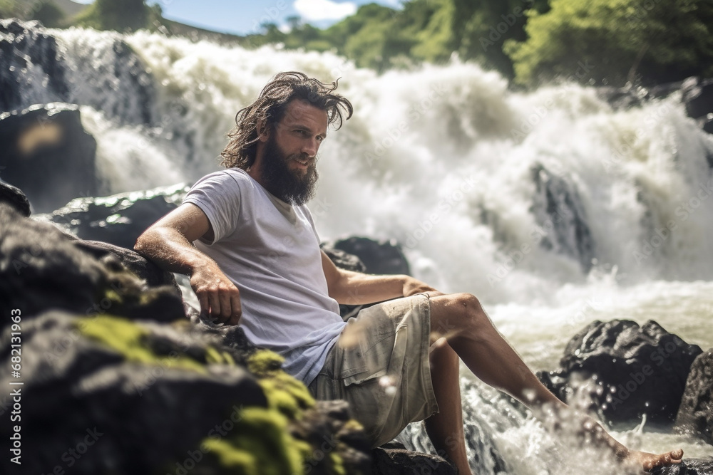 human with scene depicts lively and vigorous river flowing over rocks ...