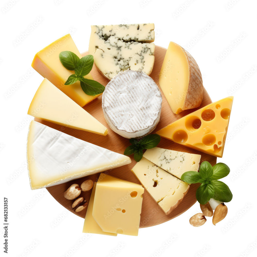 Assorted cheese board with cut cheeses on a transparent background ...