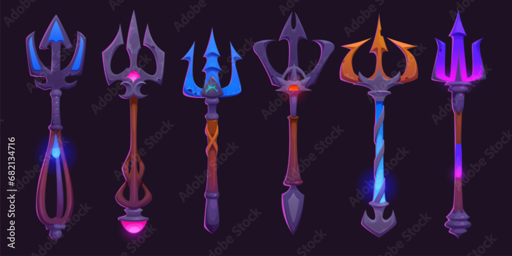 Magic trident staffs set isolated on black background. Vector cartoon ...
