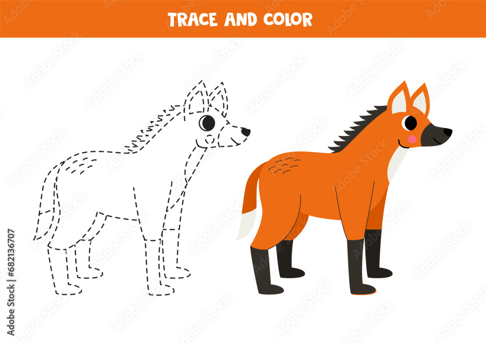 Trace and color cartoon maned wolf. Worksheet for children. Stock ...