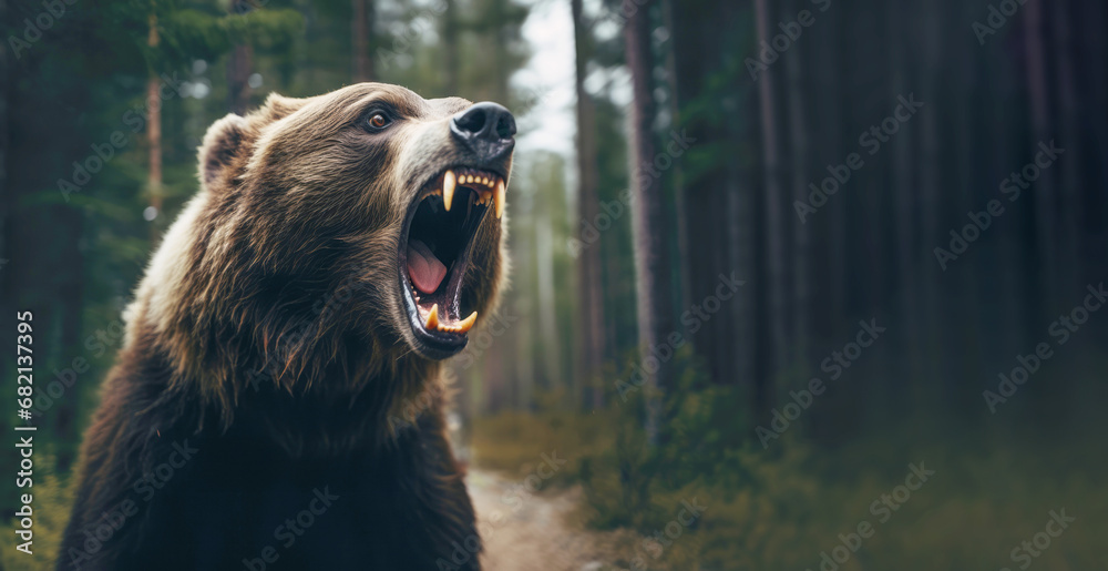 menacing brown bear growling and snarling in the midst of a summer ...