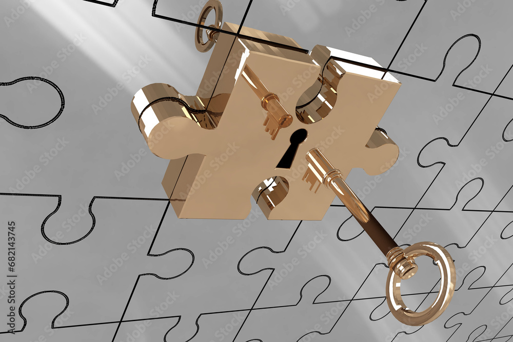 Digital png illustration of gold puzzle with keyhole and key on ...