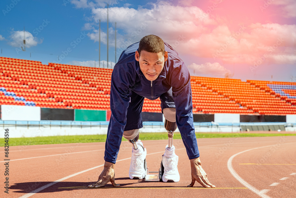 Asian para-athlete with prosthetic blades leg in stadium practicing ...