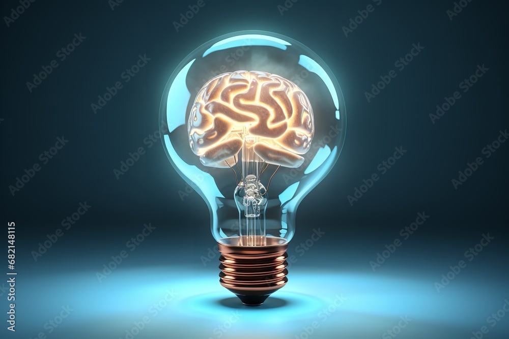A light bulb glows brightly, illuminating a human brain inside it. This ...