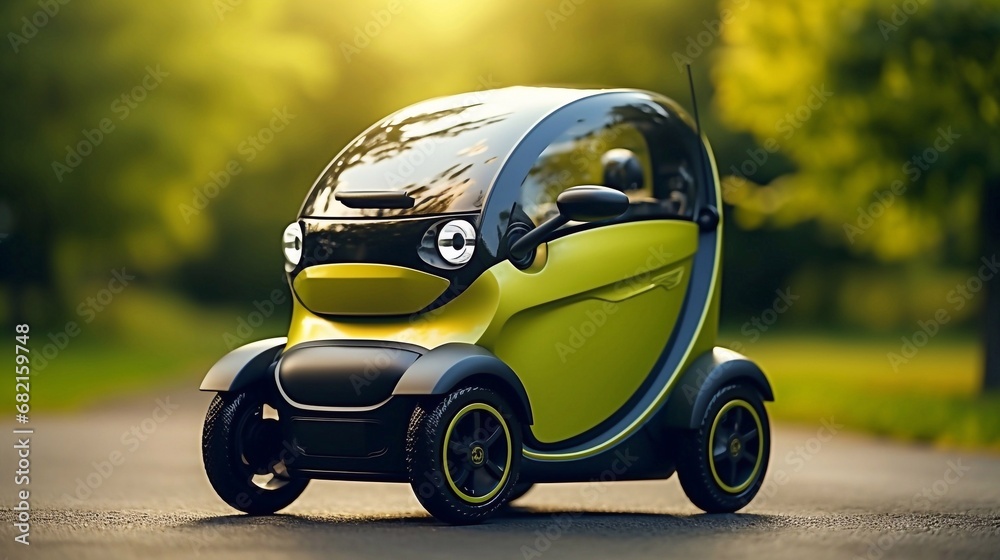 Small green electric micro car. Modern eco-friendly vehicle. Tiny and ...