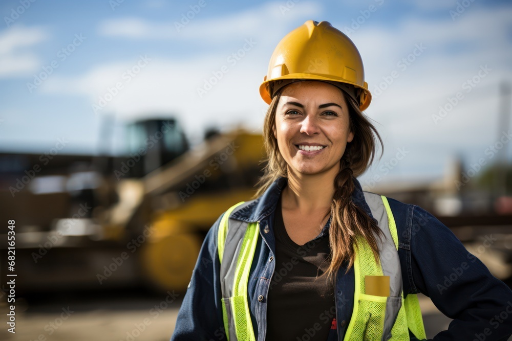A beautiful woman worker wearing a hat to prevent accidents, standing ...