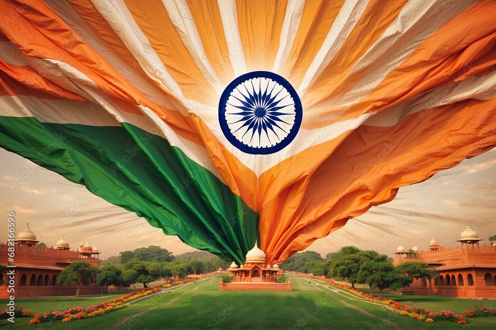 The Indian flag unfurled and soaring above a grand historical monument ...