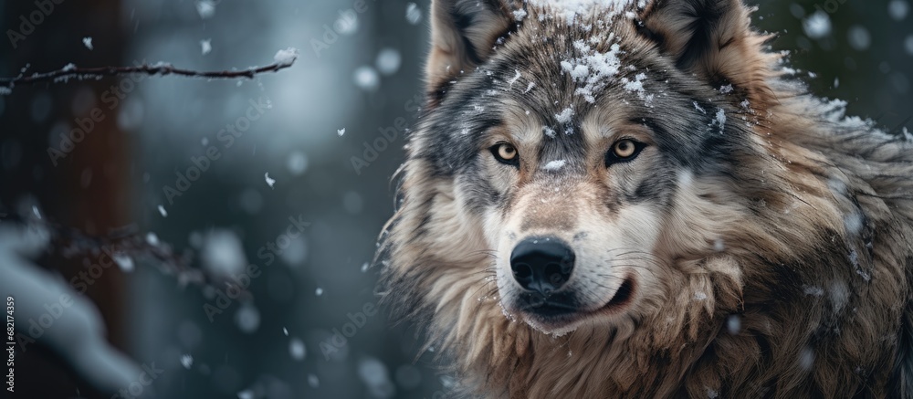 In the serene European timber forest, amidst the winter snowfall, a ...