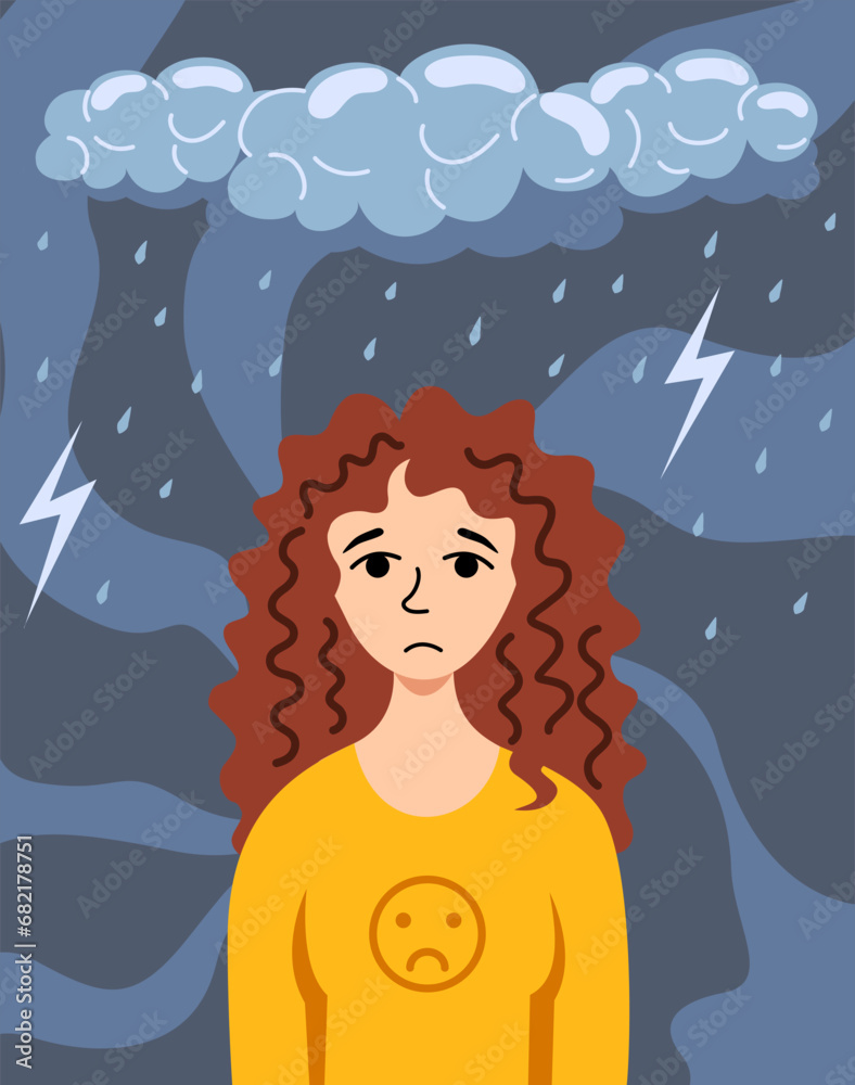 Vector illustration of a sad girl on a blue background with gloom and ...