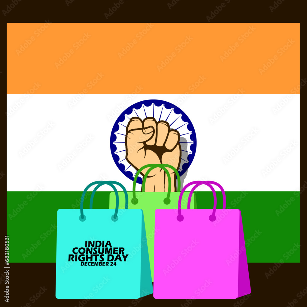 National Consumer Rights Day in India event banner. Several shopping ...