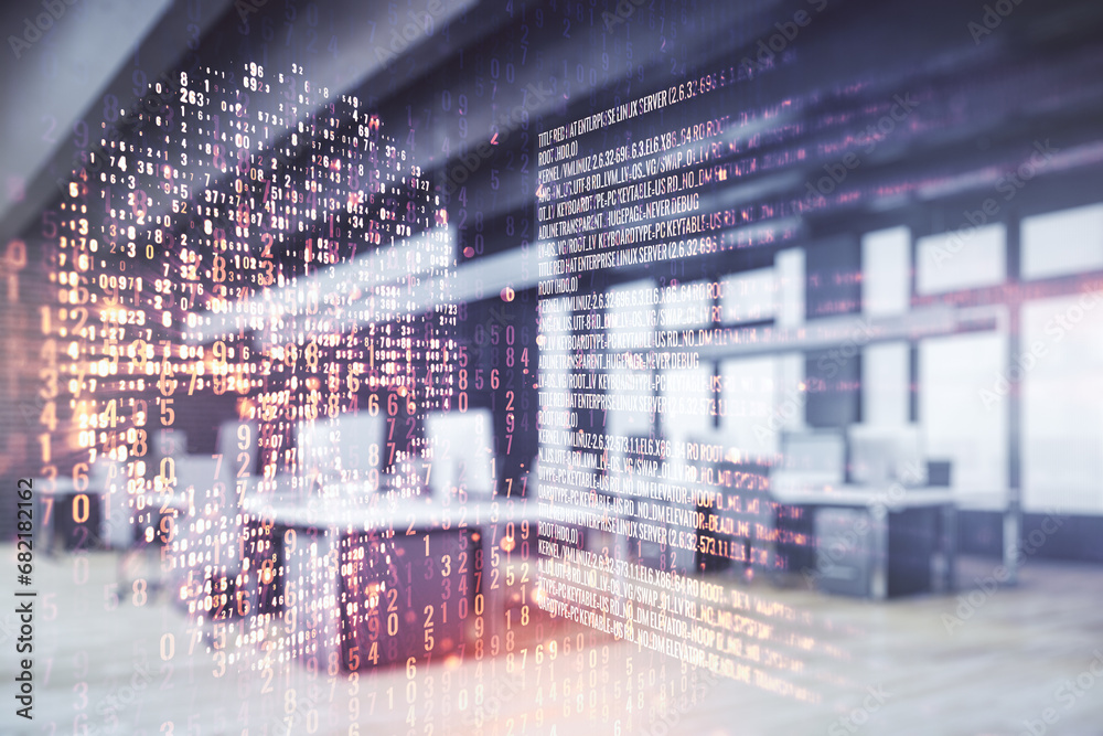 Abstract virtual code skull hologram on a modern furnished classroom background, cybercrime and ...