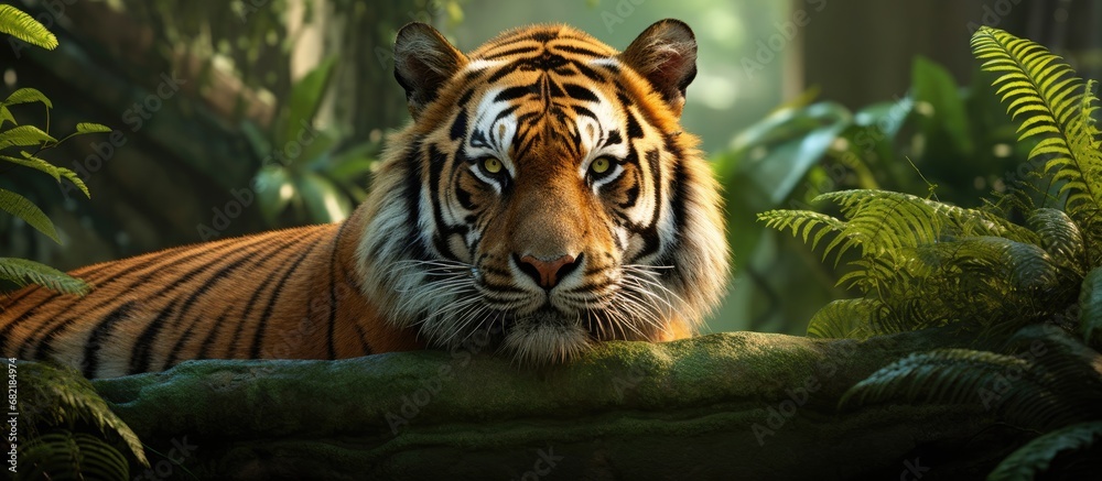 In the lush Countryn forest, a beautiful Asian tiger roams freely ...