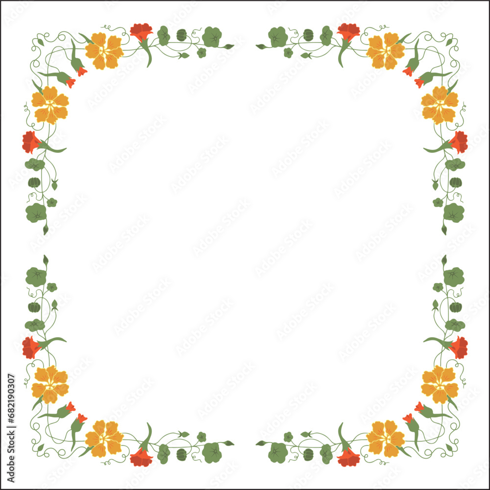 Colorful vegetal ornamental frame with nasturtium flowers, decorative ...