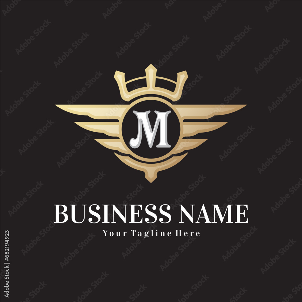 Classic letter M and golden wing royal crown logo vector design ...
